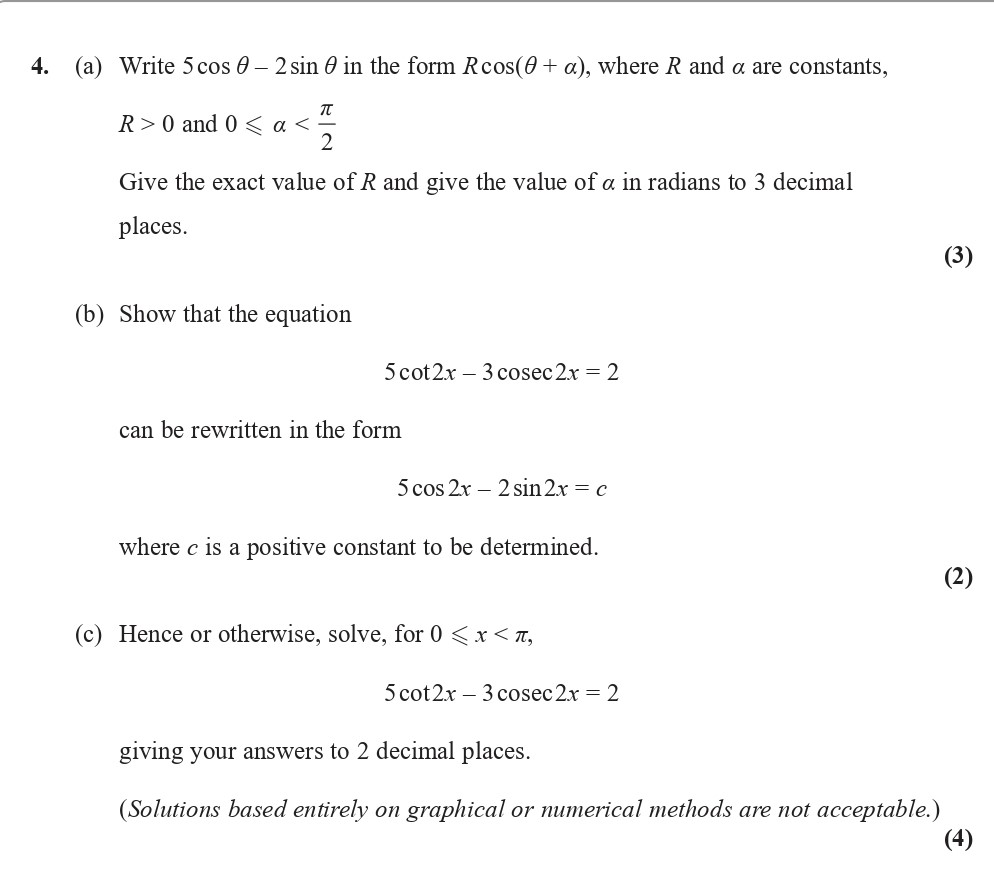 A-Level Edexcel Maths Pure Equation of a Straight Line: 4. (a) Write $5 ext{cos }\theta
